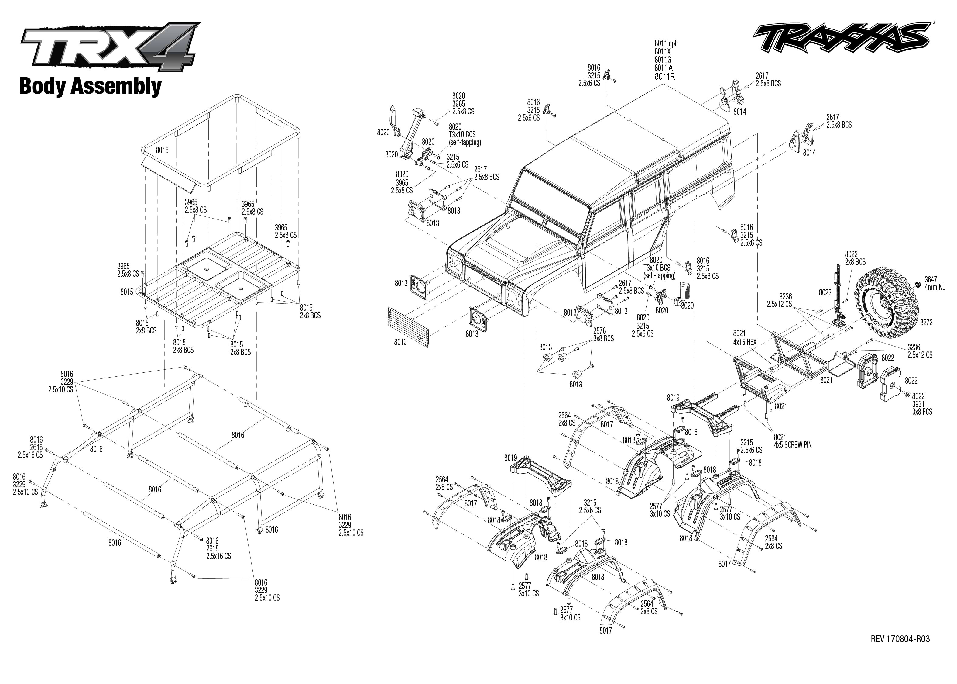 Exploded view: Traxxas TRX-4 Land Rover Defender - Body | Astra