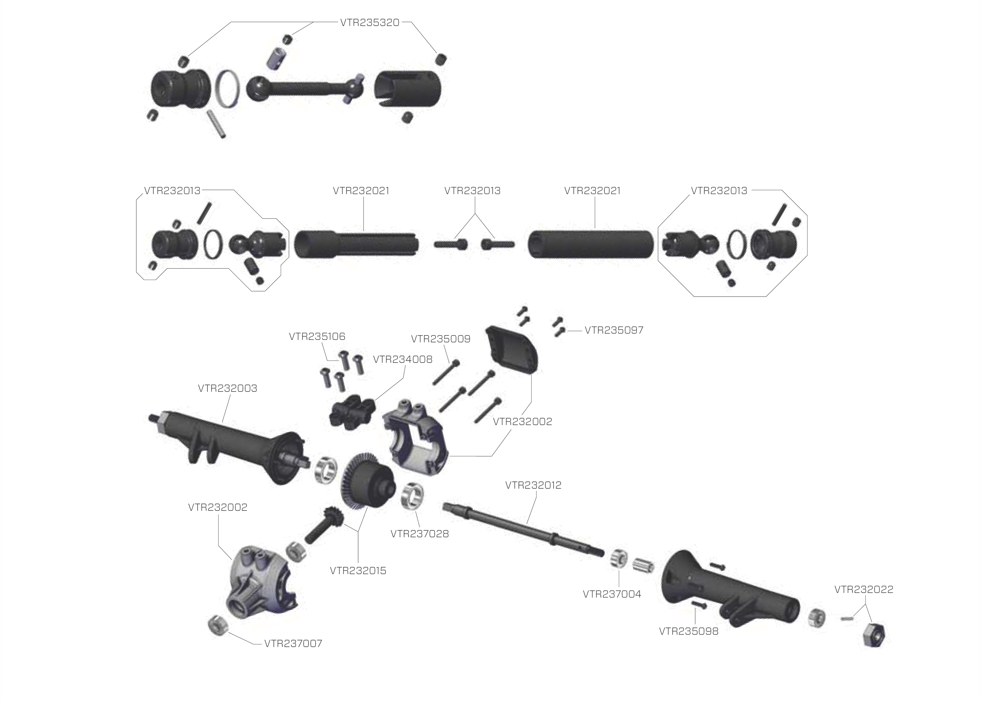 Exploded view: Vaterra Twin Hammers Rock Racer 1:10 4WD RTR - Rear part ...